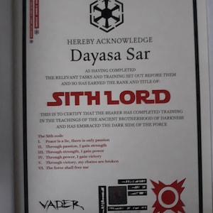 Deluxe Sith Lord Certificate in a Luxury Gift Box Personalised With Any ...