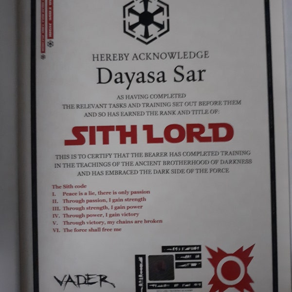 Deluxe Sith Lord Certificate in a Luxury Gift Box - Personalised With ...