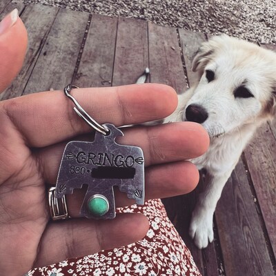 Custom Pet ID Tag With Turquoise Native Thunderbird Shape Cowdog Name ...