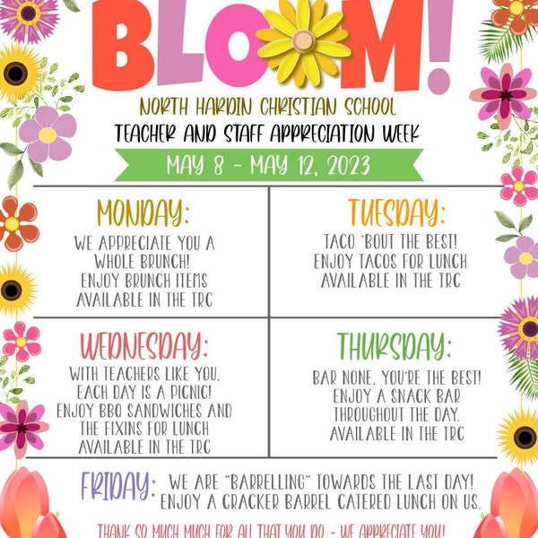 EDITABLE Teacher Appreciation Week Itinerary, Appreciation Bloom Grow ...