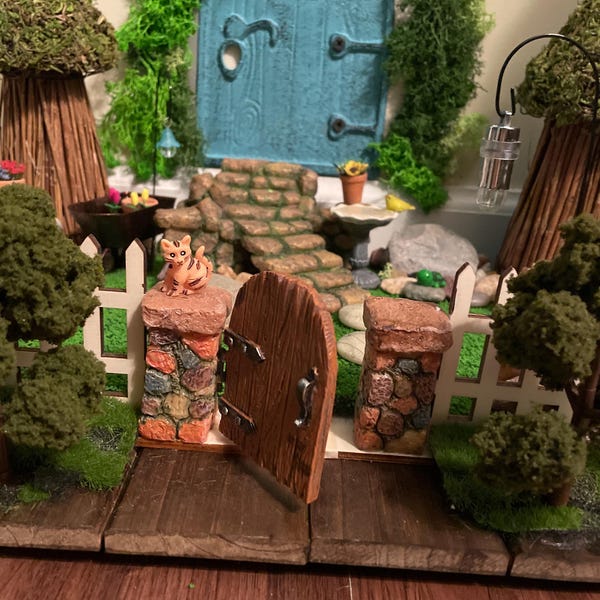 Miniature Hinged Wooden Gate With Stone Posts Fairy Garden Accessories ...