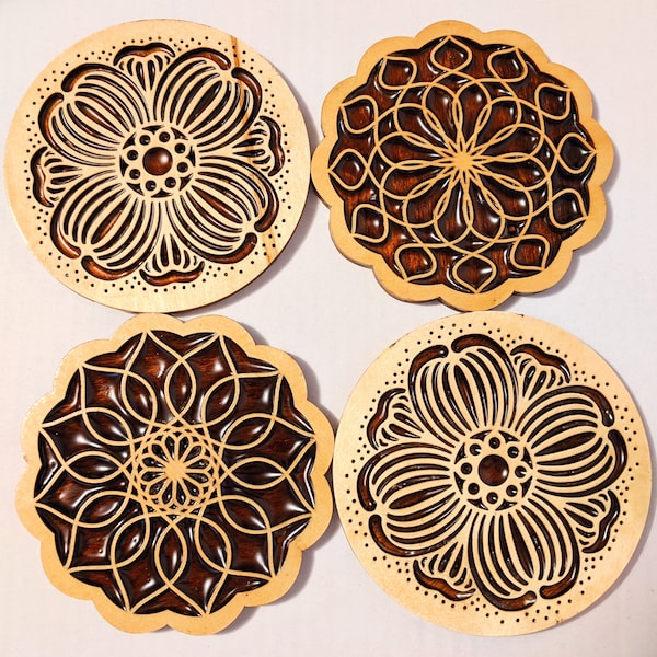 3D Wooden Flower Coasters, Double-leyered Filigree Openwork Natural ...
