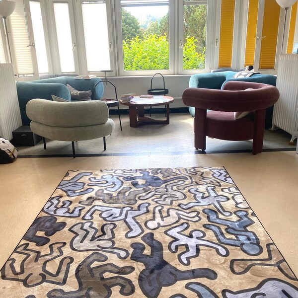 Yellow and Black Mid Century Modern Rug, Scandinavian Style, Living ...