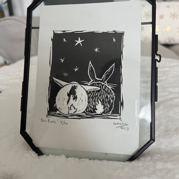 Handmade Linocut Print on Wood Rabbit Hare Decoration With Copper Stars ...