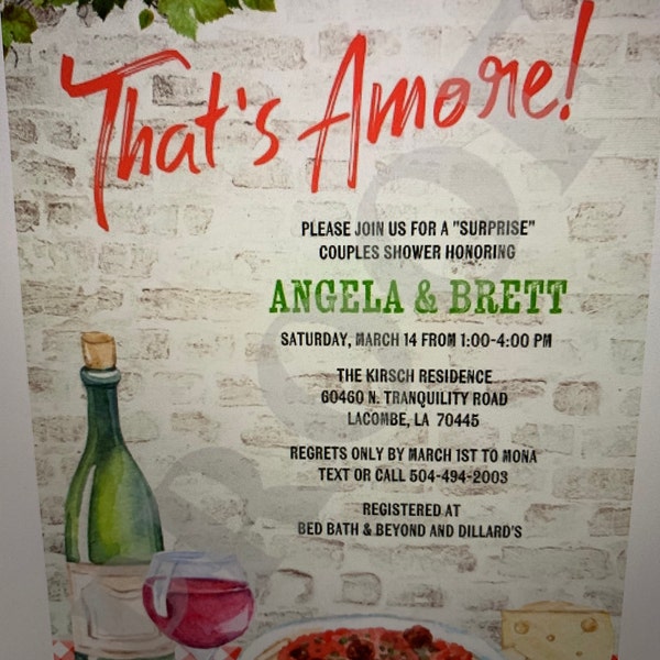 Italian Spaghetti Theme Bridal Shower Invitation, That's Amore Invite ...