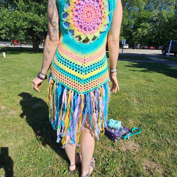 Bohemian Crochet Forest Fae Vest With Fabric Fringe and Embellishments ...