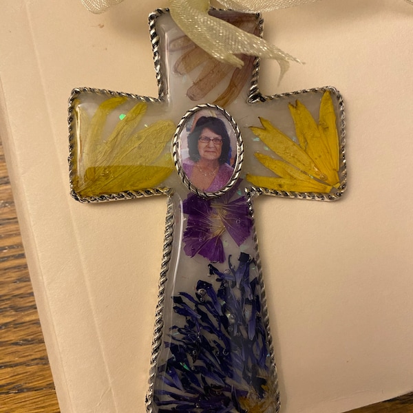 Dried Flower Petal Cross With Center Photo, Dried Flower Petal Keepsake ...