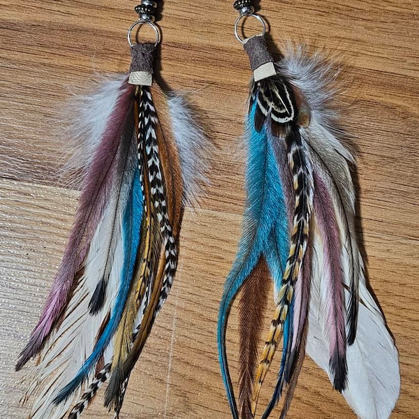 Long Feather Earrings, Real Feather Earrings, Beaded Earrings, Boho ...
