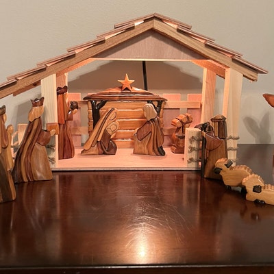 Handmade Wooden Christmas Nativity, Manger, Stable With Light. Rope ...