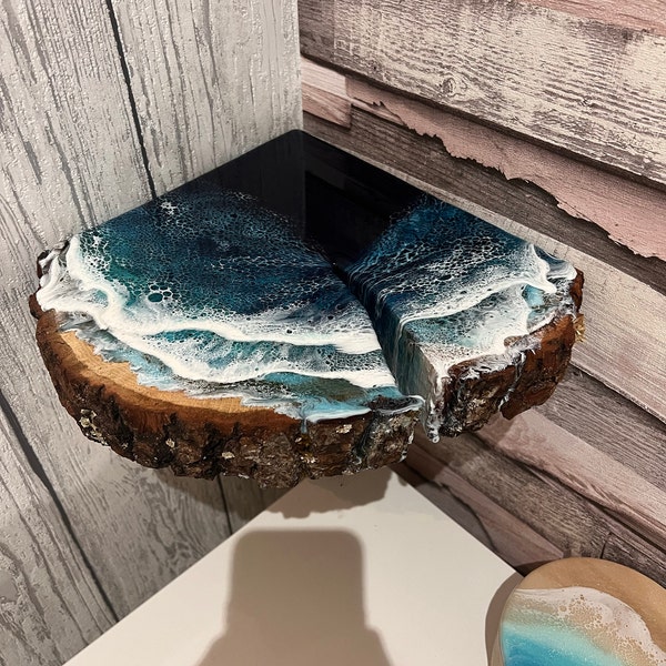 Corner Oak Floating Shelf With Sea Wave Resin Decor 30 Cm Deep, Oak ...