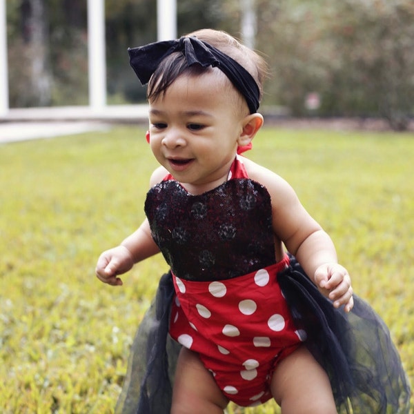 Red Polka Dot, Black Sequin Romper - Tulle Skirted, Skirted, Sequin Top ...