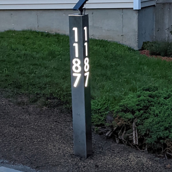 43" Tall Custom Stainless Steel Address Sign, Solar Powered LED Lighted ...