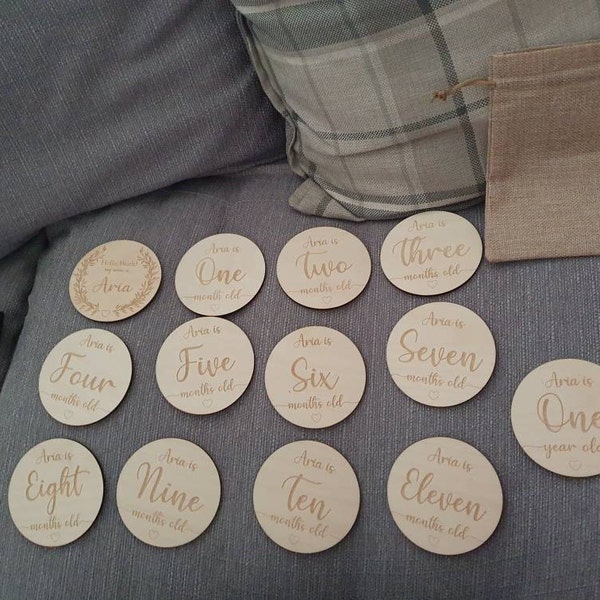 Personalised Wooden Baby Milestone Discs Cards Keepsake Gift Newborn ...