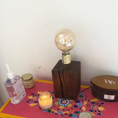 Table Lamp / Rustic Reclaimed Wood Block Table Lamp / Old Wood Block ...