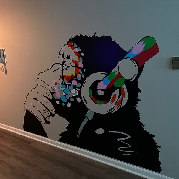 Banksy Monkey With Headphones Wall Sticker - Large Bansky Thinking Dj ...