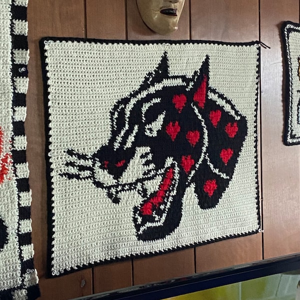 Love Heart Panther Traditional Tattoo Crochet Wall Hanging Tapestry ...