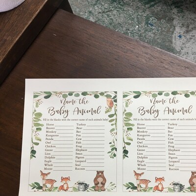 Woodland Baby Shower Game Name the Baby Animal Game Gender - Etsy