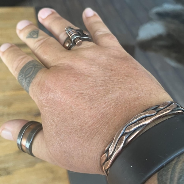 Brutalist Iron and Copper Ring, Hammered Ancient Ring, Wide Hand Forged ...