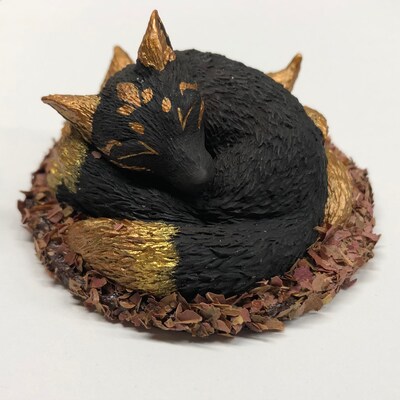 Tea Fox / Teacup Fox black Fox Sleeping Kitsune Statue Resin - Etsy