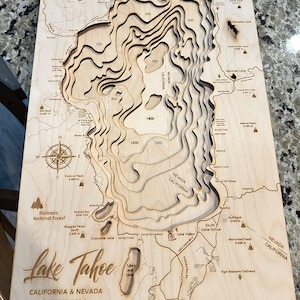 Digital File DXF, AI, SVG Tahoe Lake Map Wood Bathymetric Map , Custom ...