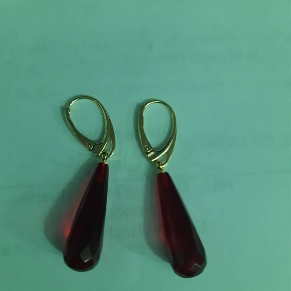 Cherry Red Amber Earrings for Women, Yellow Gold Plated Silver ...