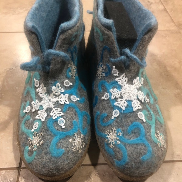 2 Layered Blue Grey Wool Ankle Boots Slippers With Laces, Women Booties ...