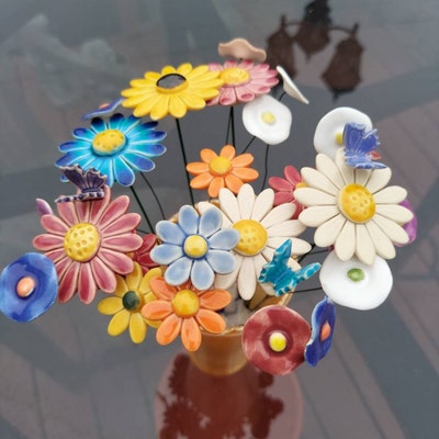 Ceramic Flowers Bouquet 9 Small Blue Flowers,floral Centerpiece of ...