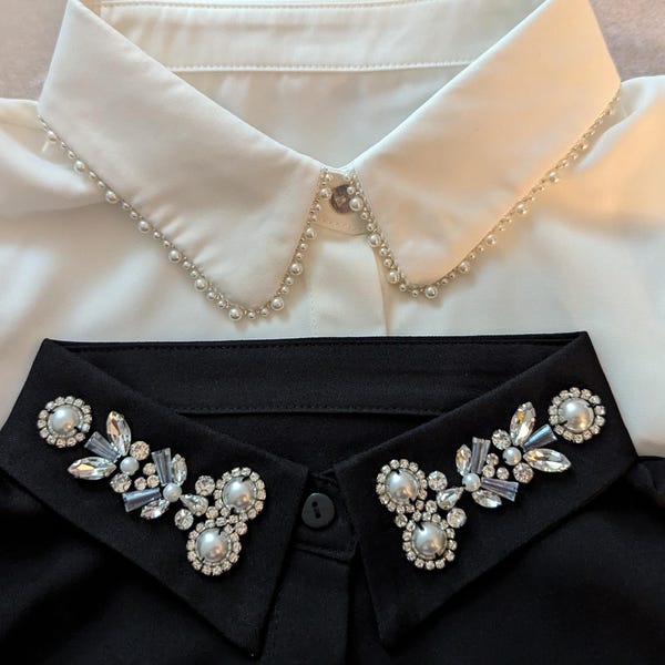 Chic White Collar Dickey With Rhinestones and Pearls | Detachable Shirt ...