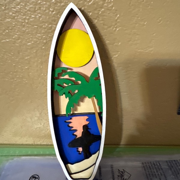 Multilayered SVG Surfboard With Surfer Silhouette Sunset for Laser Cut ...