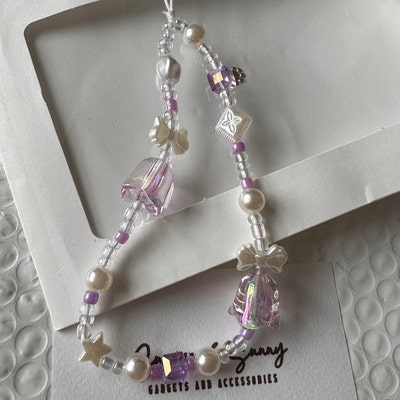 Cute Bluebell Bead Phone Charm Pink Crystal Star Phone Keychain Camera ...