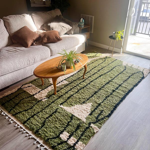 Gorgeous Beni Ourain Rug- Green and Beige Rug- Emerald Green Rug- Woven ...