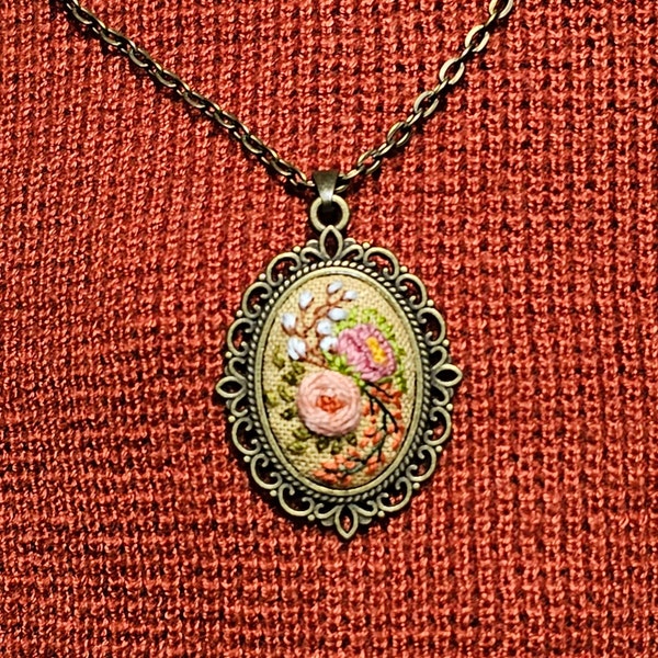 PINK Embroidered Necklace, 3D Hand Embroidery Pendants, Handmade ...