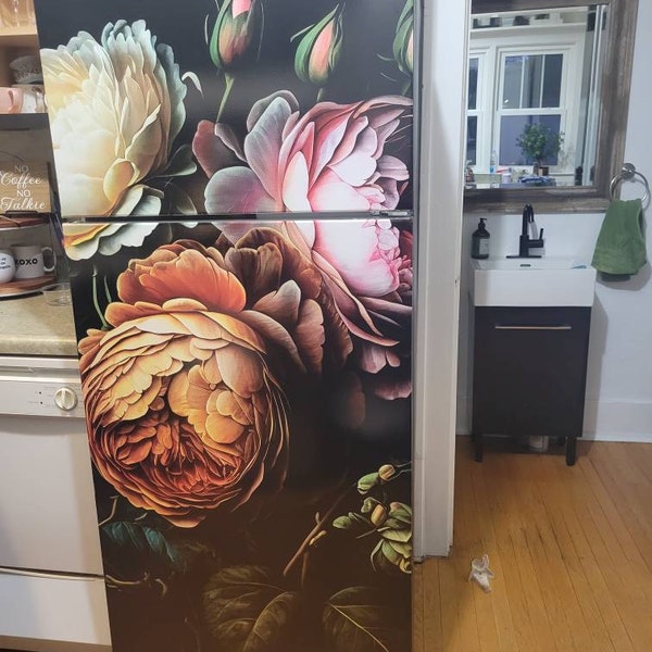 Floral Fridge Wrap Vintage Refrigerator Wrap Vinyl Side by Side Black ...