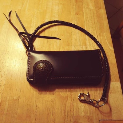 Carved Leather Biker Wallet Chain Dragon Carved Wallet Bifold Western ...