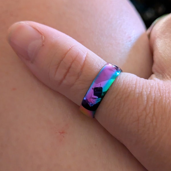 SALE Rainbow Titanium Steel Ring, Ring Size 7, 8, 10, 11, 12 Aura Crystal, Mens Ring, Woman's ...