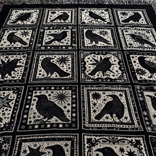 Retro Gothic Crow Tapestry Blanket | Witchy Cottagecore Woven Tapestry ...