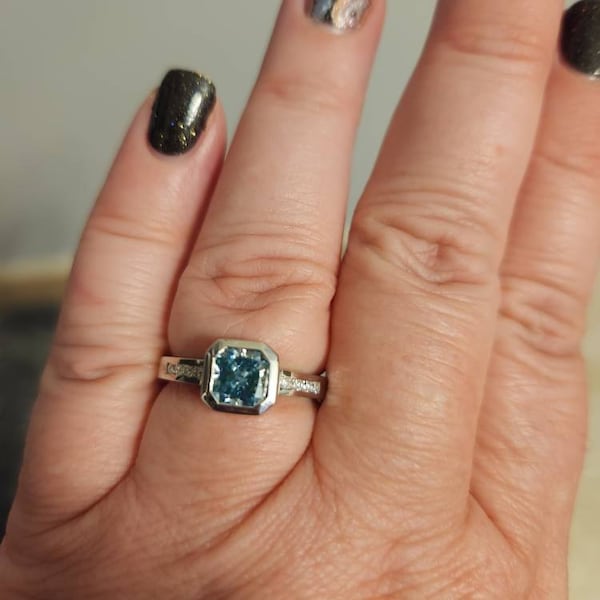 1.50 CT Cushion Cut Cyan Blue Moissanite Ring, Bezel Set, Channel Pave ...