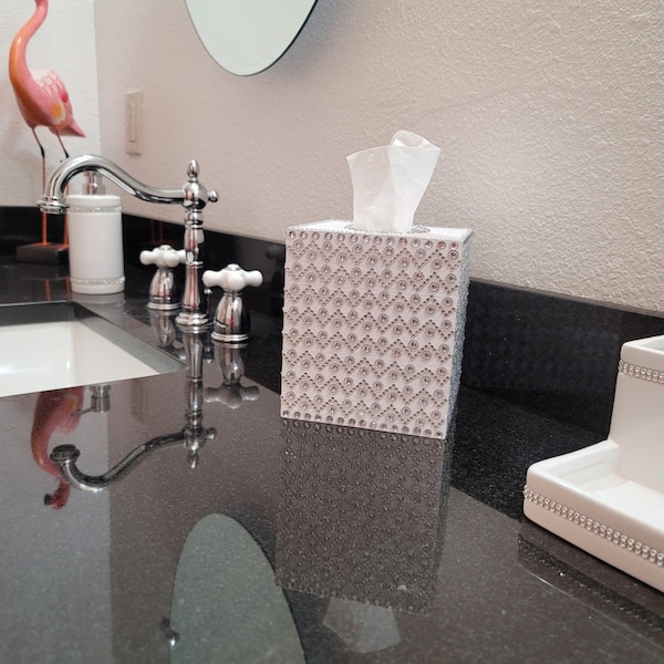 BLING TISSUE BOX Cover- White W/sparkling Jeweled Rhinestones ...