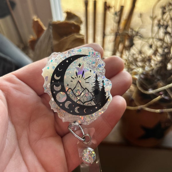 Moon Phase Badge Reel, Mystical Celestial Badge Reel, Geode Glitter ...