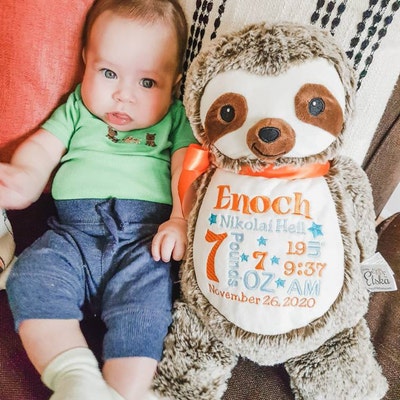 Personalized Stuffed Animal, Sloth Birth Announcement Stuffed Animal ...
