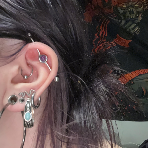 Amethyst Industrial Bar, Wire-wrapped Loop 14g 316L Stainless Surgical ...