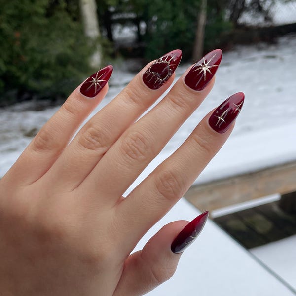 Brooke - Starry Night Nails | Navy Blue Cat Eye Short Almond Press on ...