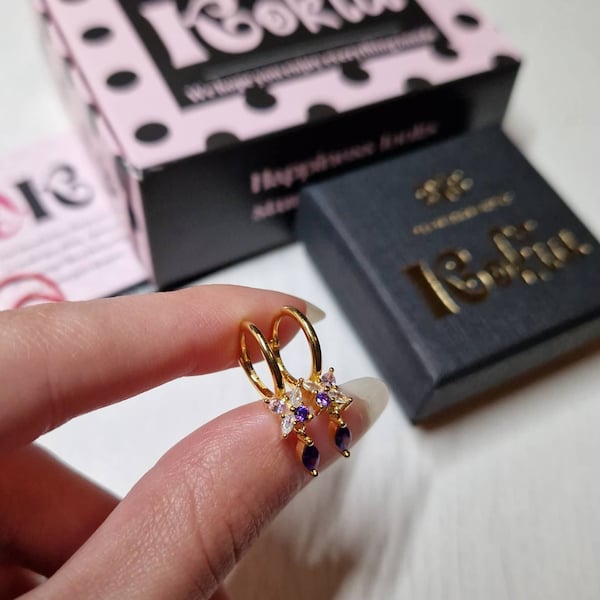 Triple Flower Hoop Earring Sterling Silver 18G Cartilage Earring Purple ...