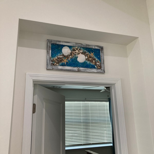 Seashell Sandbar Coastal Sea Glass Art, Ocean Glass Art, Coastal Window ...