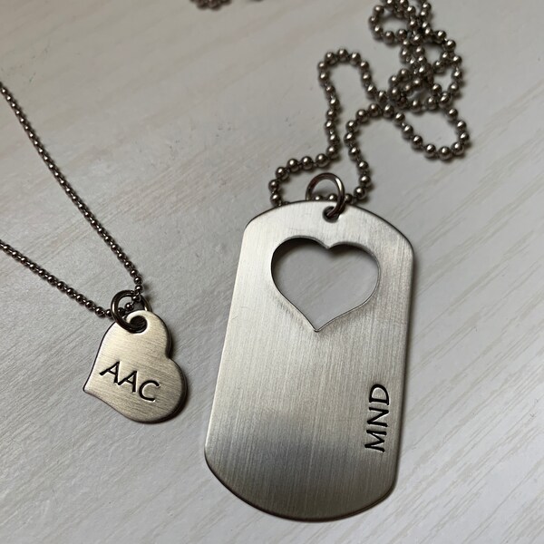 Initial Only Couples Necklace Set Dog Tag With Heart Cutout Hand ...