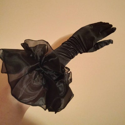 BLACK Mesh Ruffle Satin Long Elbow Length Gloves STATEMENT Frilly Wow ...