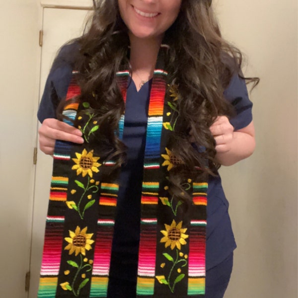 Custom Mexican Graduation Stole, Serape Sash, Graduation Sash, Hand Embroidered Flowers, Sarape ...