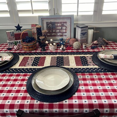 Quilted Table Runner, Navy and Dark Red Runner, Quilted Farmhouse ...