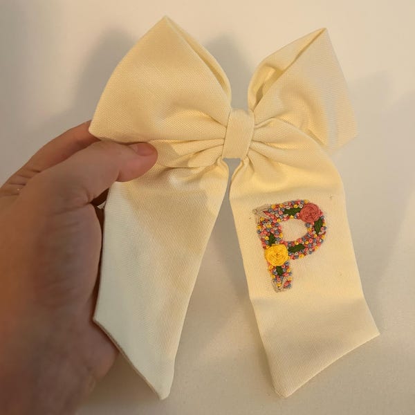 Initial Hand Embroidered Bow Custom Initial Bow Hair Bow Floral Hair ...