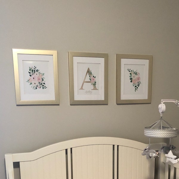Gold Initial With Flowers, Baby Shower Gift, Baby Girl Wall Art ...